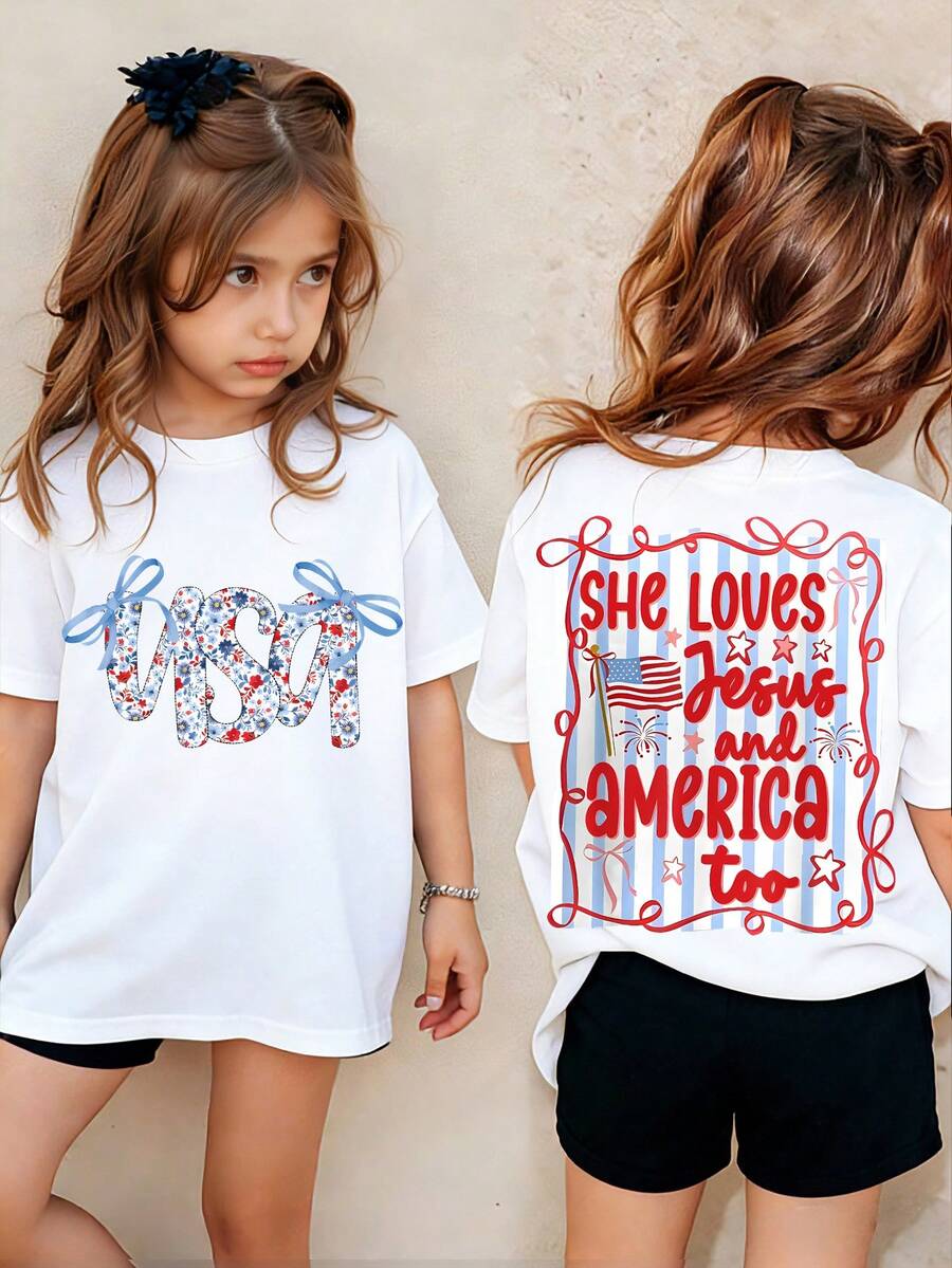 Girls' T-Shirt,She Loves Jesus And America Too Patriotic USA Bow ...