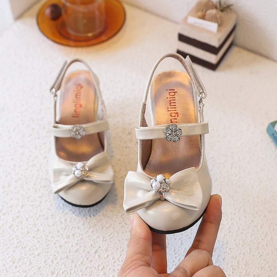 Girls' Bow Knot Satin Heeled Sandals, Rhinestone Decor Ankle Strap ...