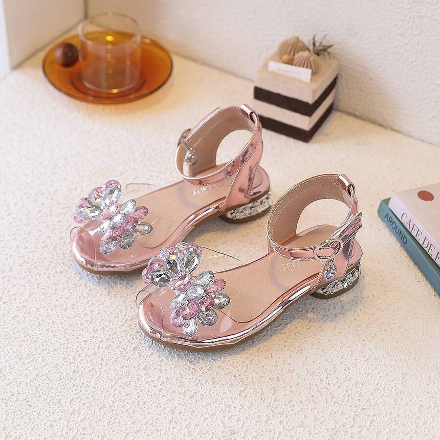 Girls' Rhinestone Flower Sandals, Open Toe Low Heel Princess Shoes With ...