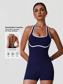 Sodalemon Women's Colorblock Open Back Yoga Fitness Jumpsuit, Hollow ...