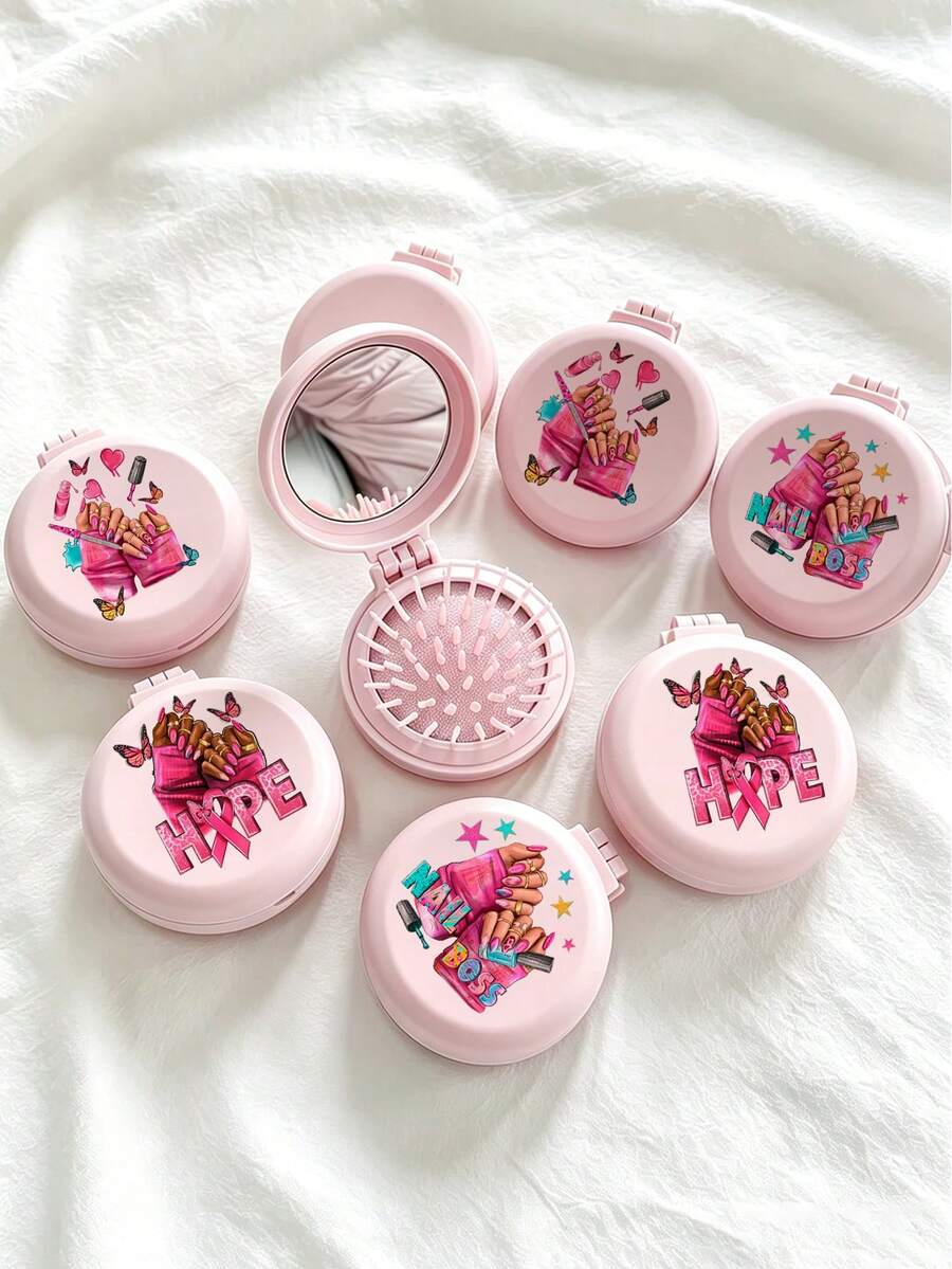 Travel-Friendly Nail Pattern Round Folding Comb With Mirror, Portable ...