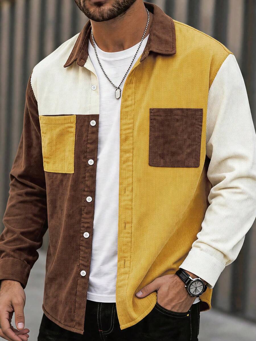 Men's Corduroy Multi-Color Contrast Patchwork Design Casual Fashion ...
