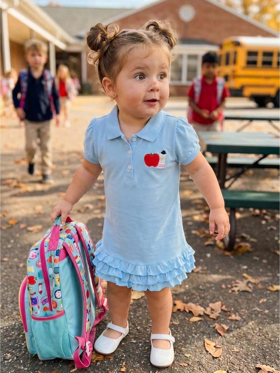 Toddler Girls Back To School Dress Adorable Apple Embroidery Short ...