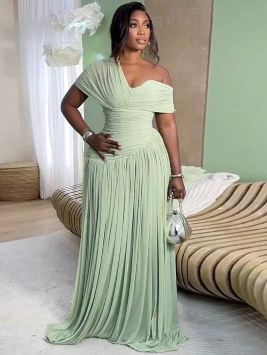 Elegant Asymmetrical Collar Ruched Tie-Waist Long Short-Sleeve Dress ...