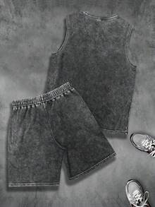 Men's Vintage Distressed Washed Tank Top And Shorts Set, Summer Fun ...