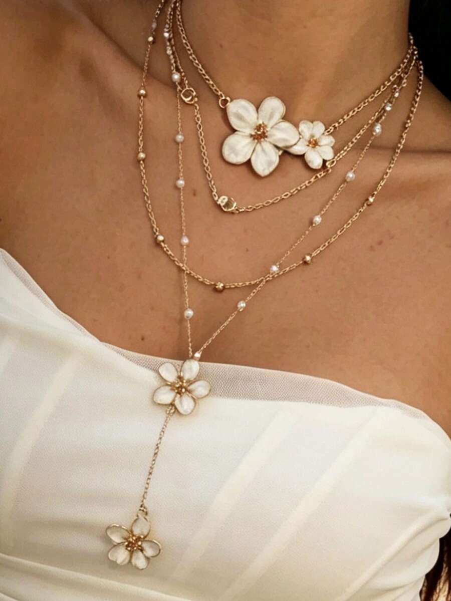 3pcs Simple Fashion Floral Oil Drop Pendant Multi-Layer Y-Shaped Long ...