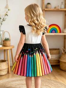1pc Girls Casual School Season Colored Pencil Print Pattern + Hem ...