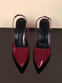 1 Pair Shiny Burgundy Soft PU Teen High Heel Sandals With Silver Metal ...