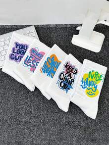 1/5/10/15 Pairs Aesthetic Graffiti Style Inspirational Slogan Mid-Calf ...