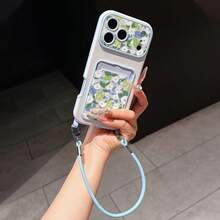 Fresh Green Leaf & Floral Print Card Holder Phone Case With Lanyard ...