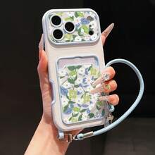 Fresh Green Leaf & Floral Print Card Holder Phone Case With Lanyard ...
