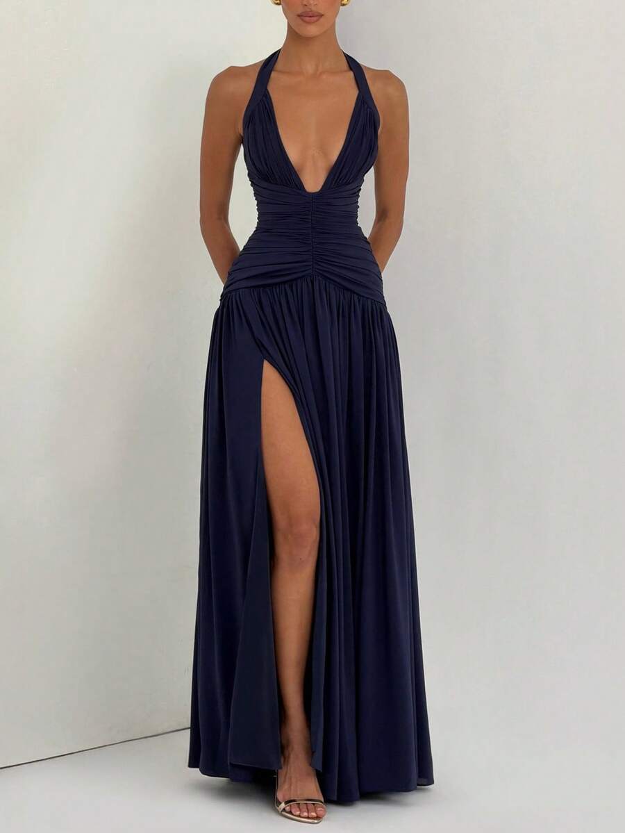 Elegant Deep V-Neck Halter Backless Sexy Summer Women's High Slit ...