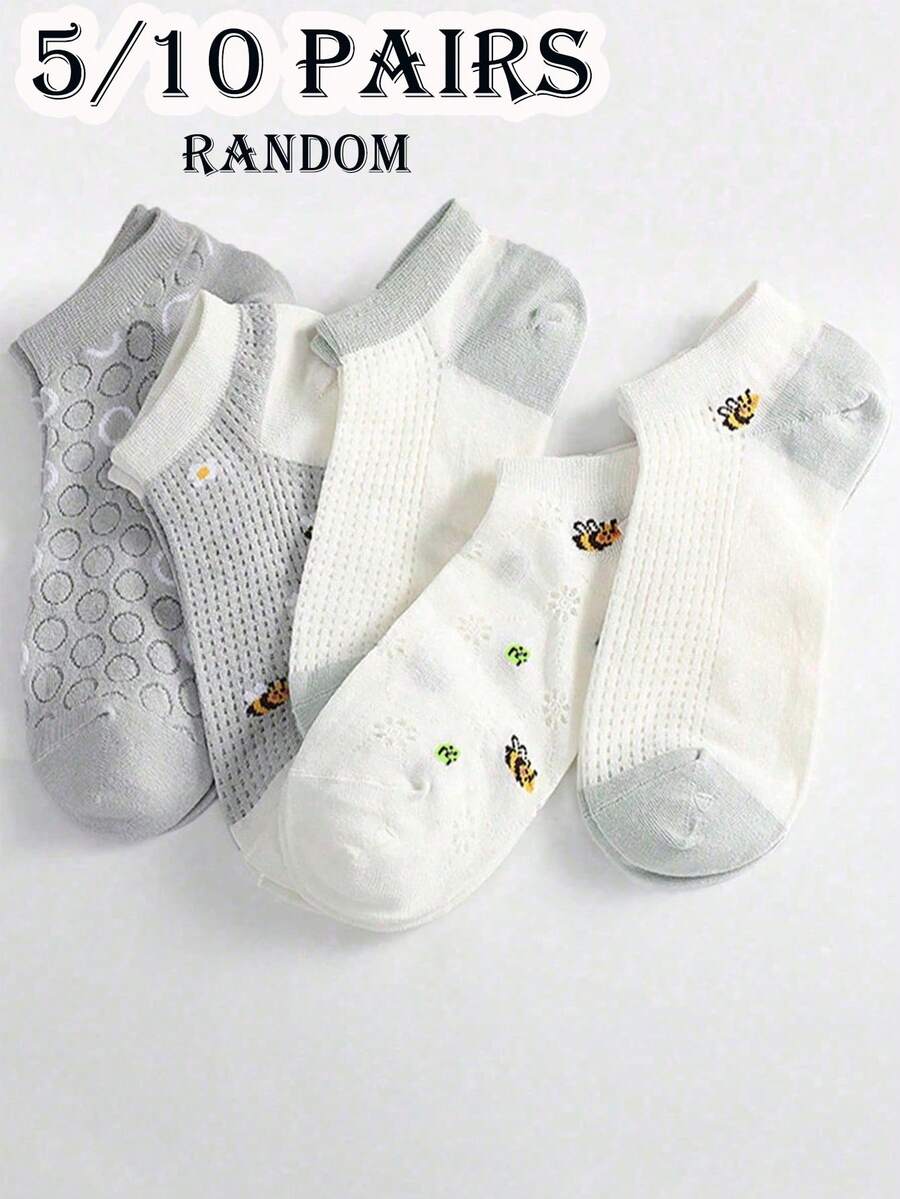 5/10 Pairs (Randomly Shipped) Women's Grey Cartoon Bee Hollow Floral ...