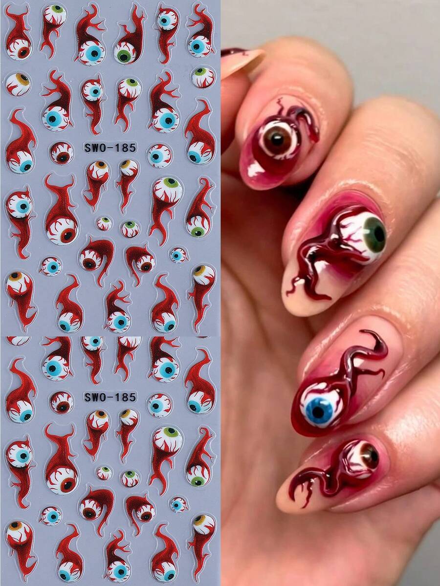 2pcs 5D Halloween Gothic Style Nail Stickers, Embossed Bloodshot ...