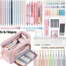 5/6/56PCS Aesthetic School Supplies With Cute Pencil Case,12 Pastel ...