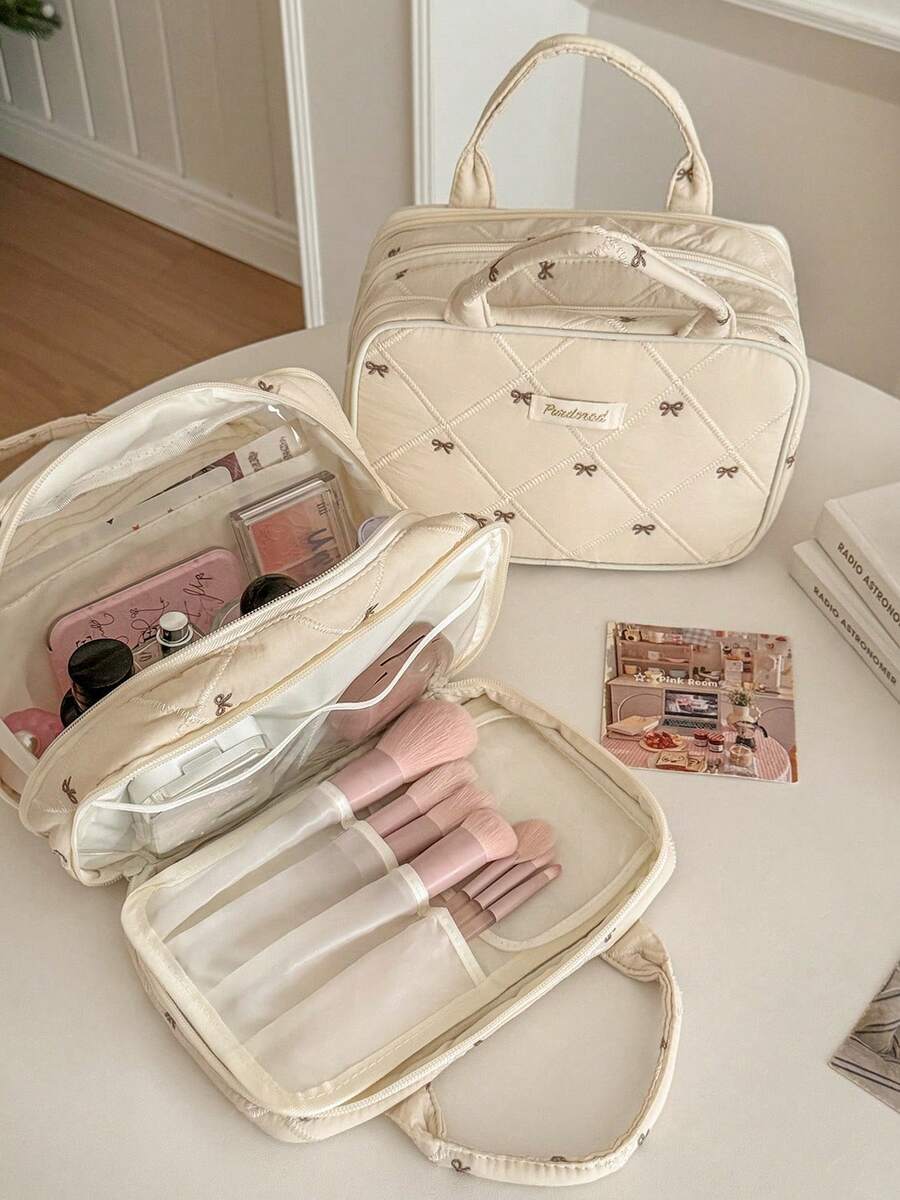 Apricot Quilted Diamond Pattern Bow Embroidery Makeup Bag, Large ...