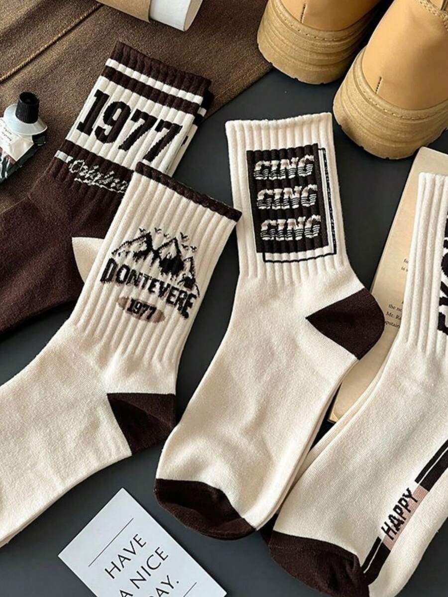 5 Pairs Random Style Fashion Letter & Number Print Men's Mid-Calf Socks ...