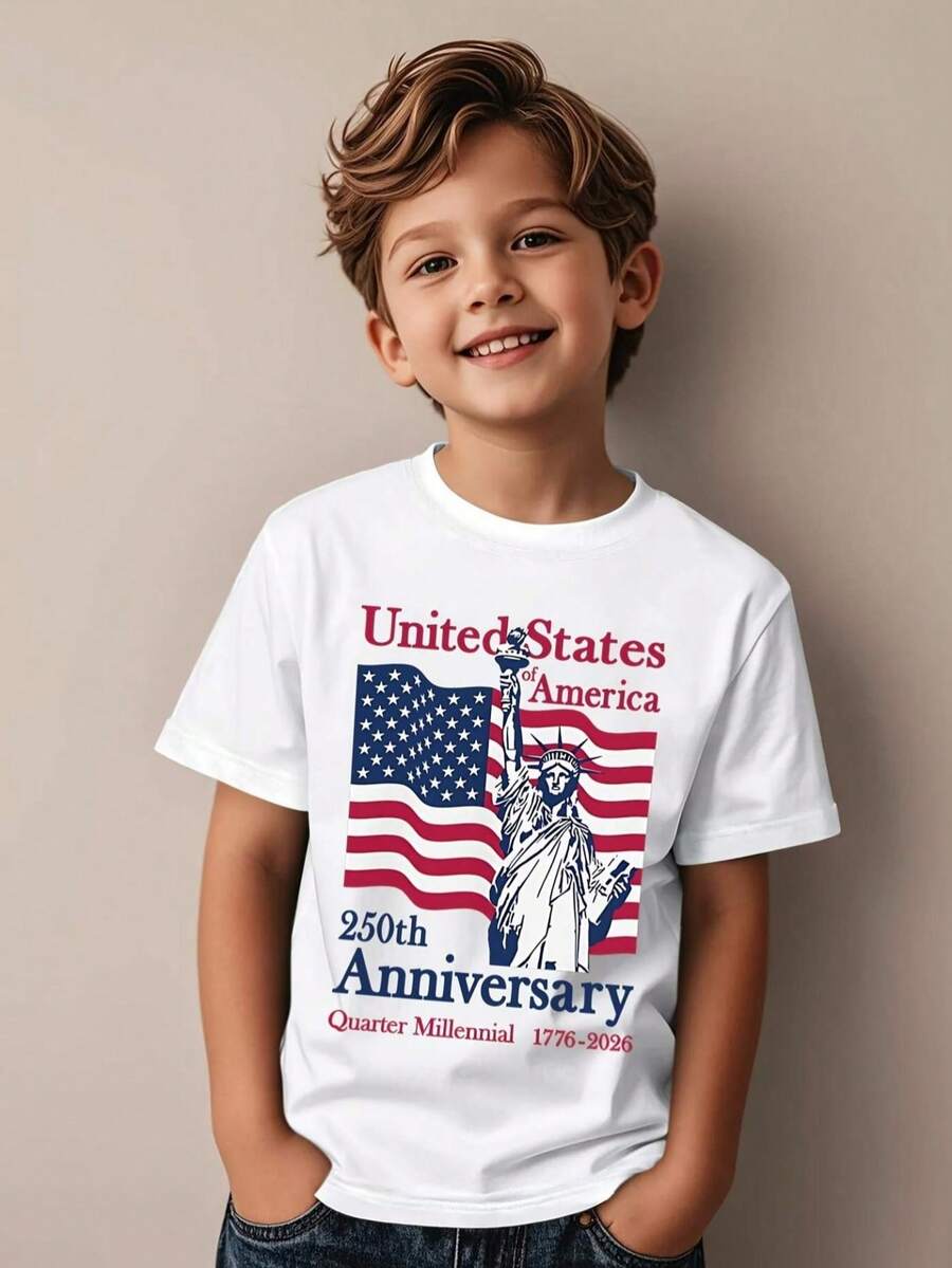 Boys' Independence Day Print T-Shirt, Statue Of Liberty US Flag 250th ...