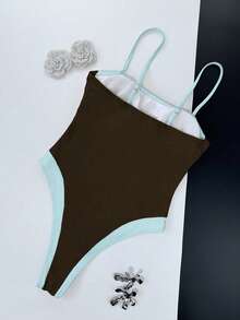 Women's Color Block Square Neck Wide Strap One-Piece Swimsuit, Slim Fit ...