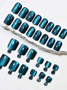 48Pcs Blue Glass Bead Cat Eye Press On Nails 24pcs Hand+24Pcs Foot ...