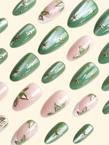 24pcs Short Almond Acrylic Press-On Nails With Cat Eye Starburst Bamboo ...
