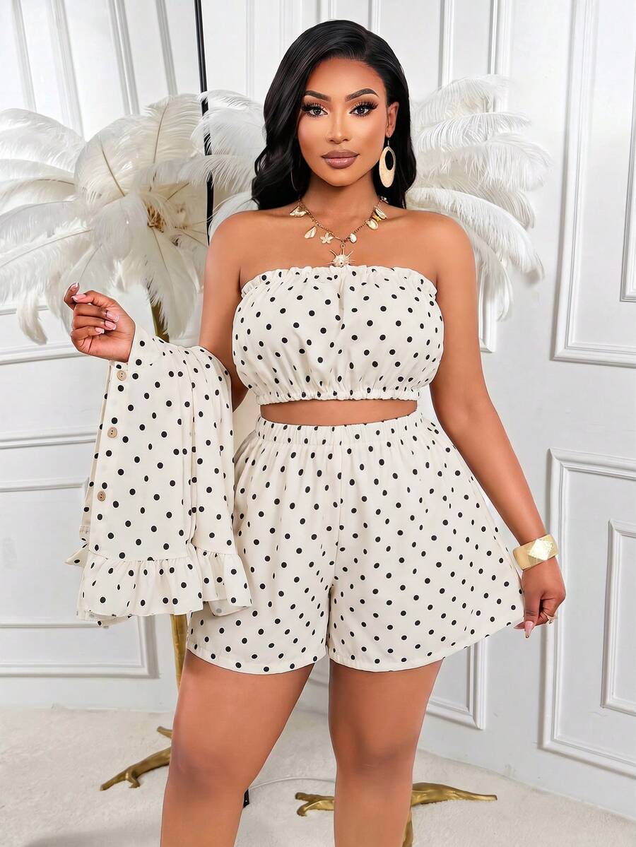 AIJ Plus Size Women Casual Set, Including Ruffle Hem And Front Button ...