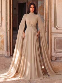Faeriesty Abaya Elegant Long Sleeve Beaded Evening Gown, A-Line Flowy ...
