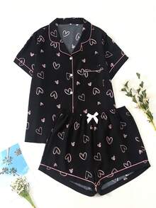 Heart Print Plus Size Women Bubble Crinkle Short Sleeve Shorts Pajama ...