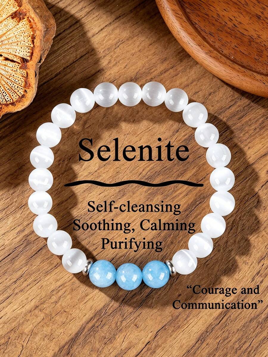 Bohemian Selenite Cleansing Bracelet For Women Men, Aquamarine Courage ...