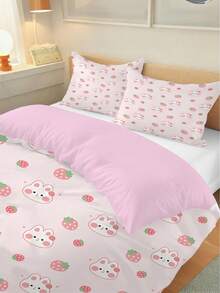 2/3PCS Light Pink Strawberry Bunny Duvet Cover,Japanese Sweet Style ...