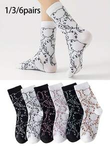 1/3/6 Packs Unisex Cute Line Art Kitten Print Mid-Calf Crew Socks for ...