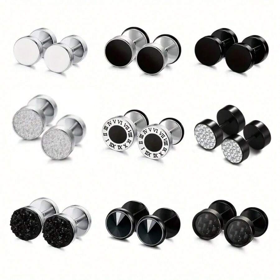 SENLANSP 9 Pairs Hip Hop Punk Style Stainless Steel Men's Earrings for ...