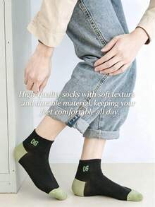1/3/5 Pairs American Retro Color Block Number Embroidered Men's Mid ...
