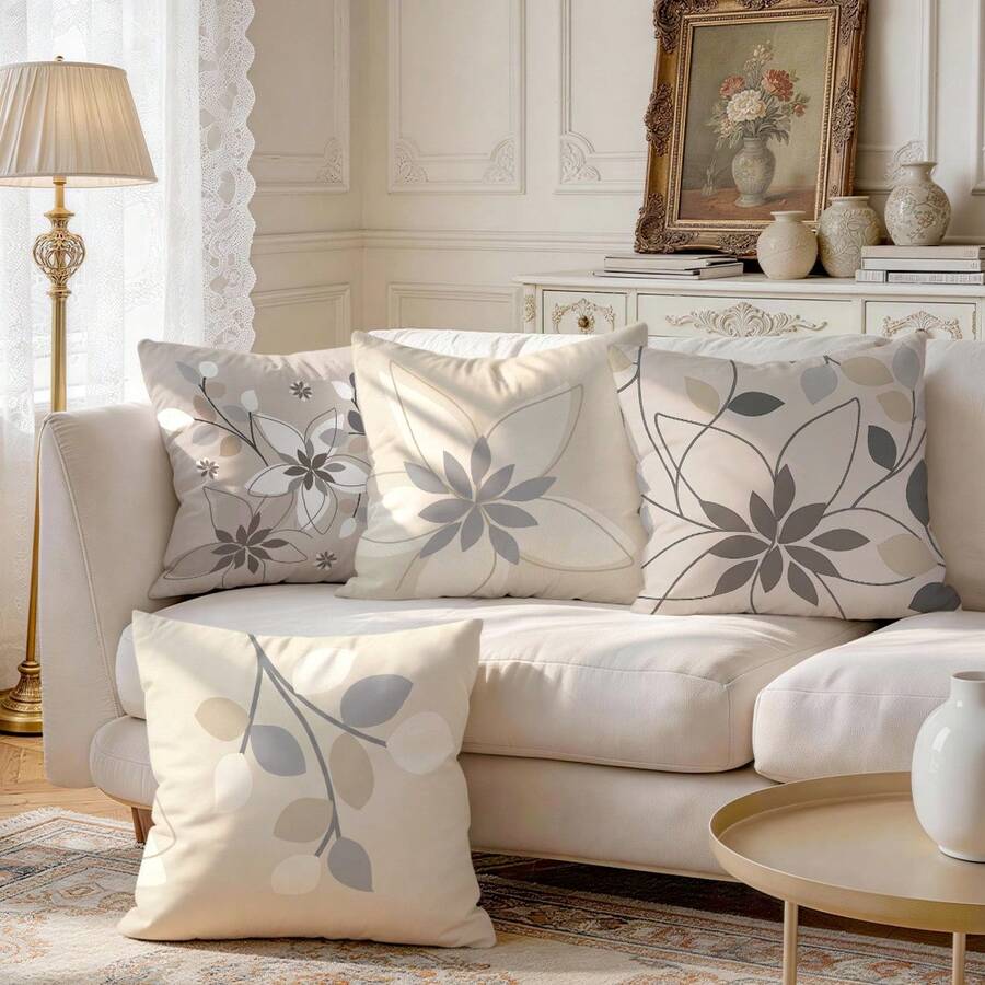4 piezas Fundas de cojín/almohada con estampado floral de hojas en piel ...