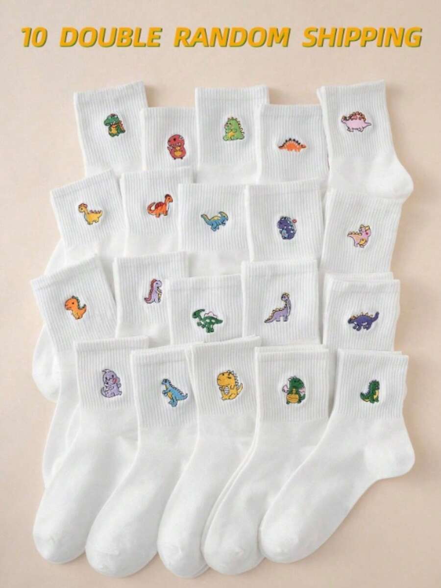 10 Pairs Women's Random Assorted Fun Cartoon Embroidered Dinosaur ...