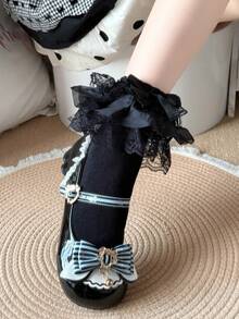 1 Pair Cute Sweet Spring/Summer Lace Trim Bow Mid-Calf Socks Lolita ...