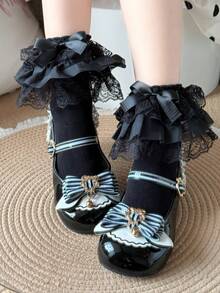 1 Pair Cute Sweet Spring/Summer Lace Trim Bow Mid-Calf Socks Lolita ...