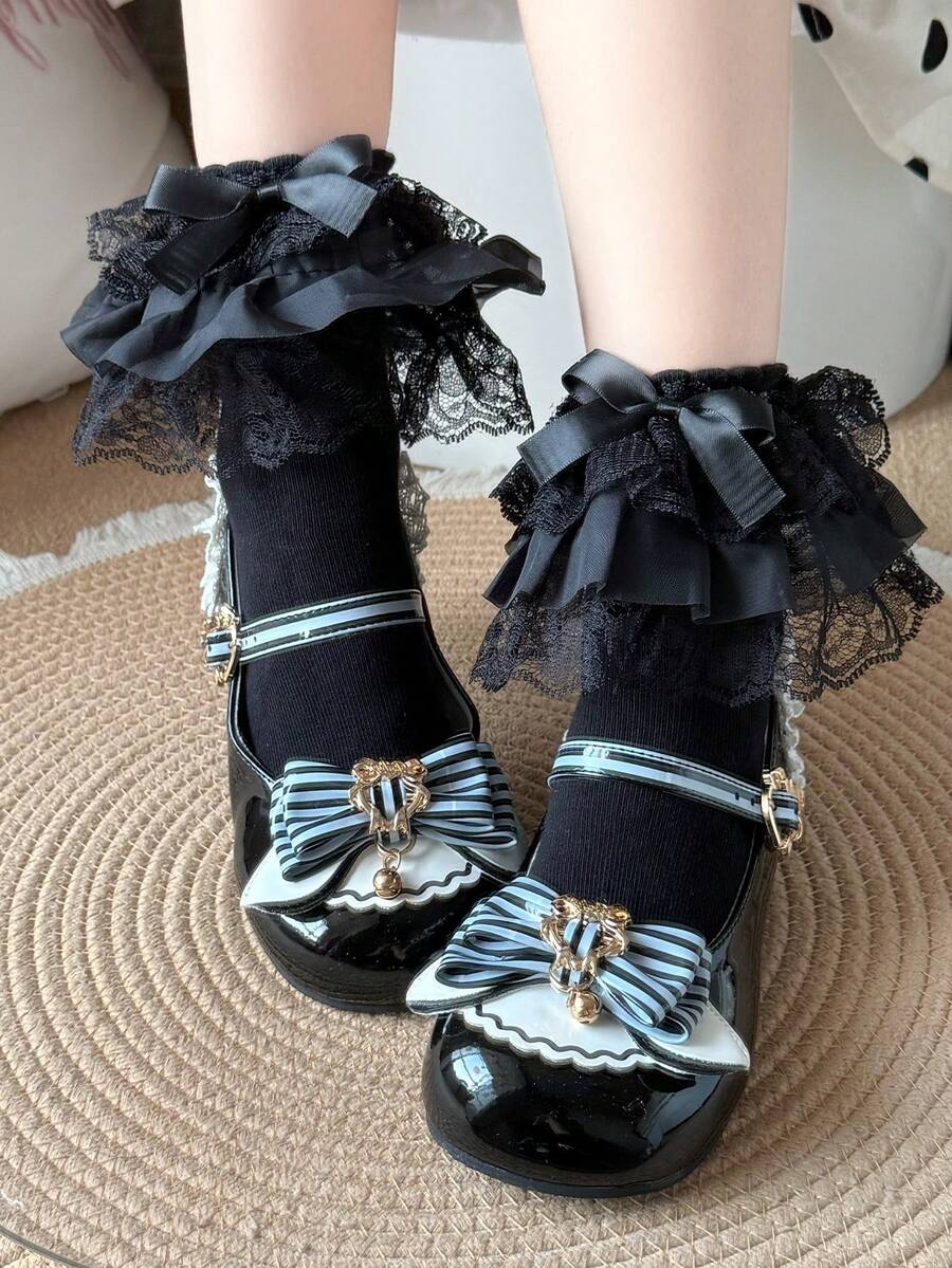 1 Pair Cute Sweet Spring/Summer Lace Trim Bow Mid-Calf Socks Lolita ...