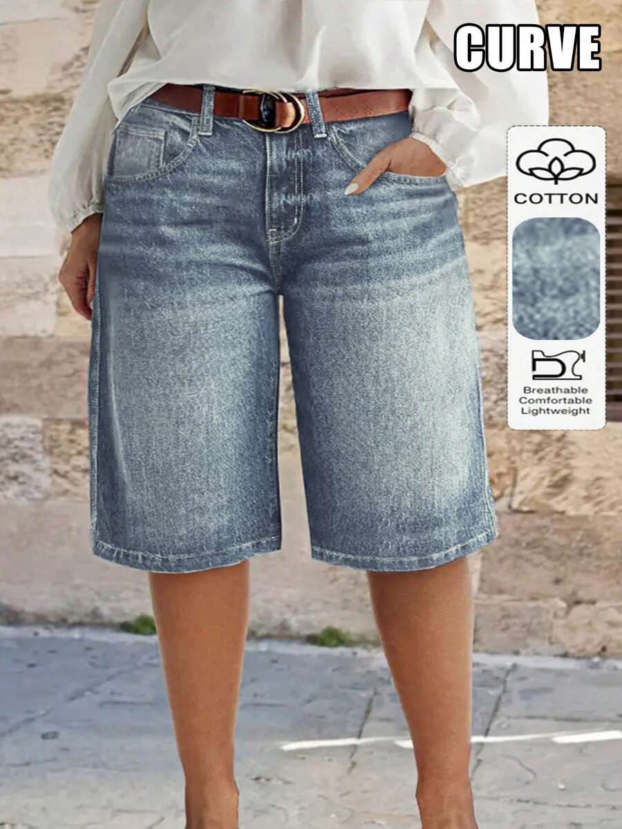 Washed Plus Size Bermuda Shorts, Non-Stretch Straight Leg Design With ...