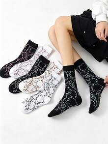 1/3/6 Packs Unisex Cute Line Art Kitten Print Mid-Calf Crew Socks for ...