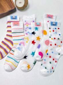 1/6 Pairs Summer Thin Dopamine Polka Dot Striped Mesh Mid-Calf Socks ...