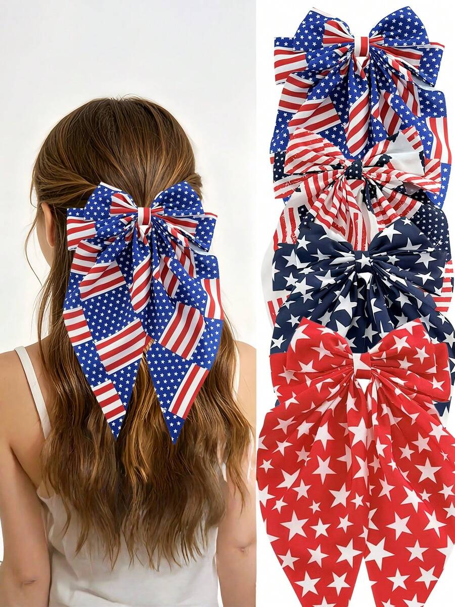 4pcs USA Star Stripes Pattern Large Bow Hair Barrette, Patriotic Red ...