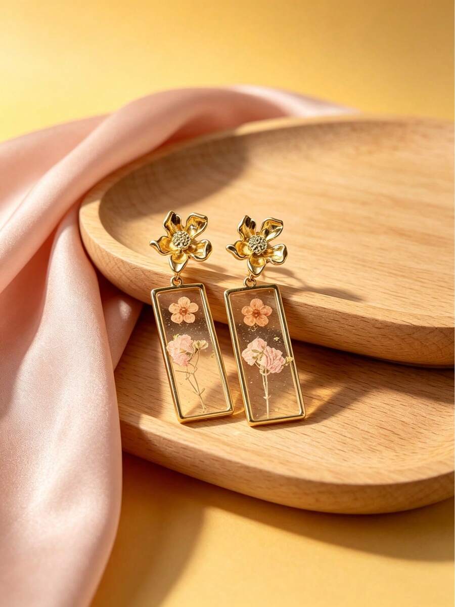 Aboocag 1 Pair Elegant Long Floral Leaf Dangle Earrings, Featuring Real ...