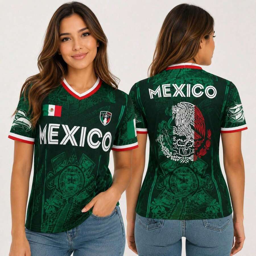 Women Retro Mexico Eagle Pyramid Print Soccer Jersey, V Neck Short ...
