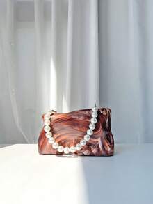 1pc Marble Pattern Horizontal Metal Chain Pearl Clutch Bag ...