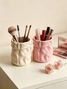 1pc Pleated Wrinkled Makeup Brush Holder , Ins Aesthetic Cream & Pink ...
