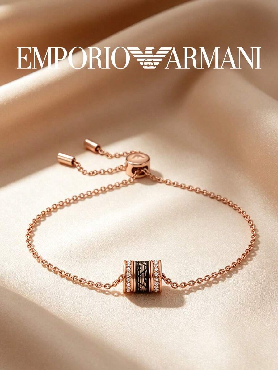 Armani Dainty Thin Chain Bracelet Inlaid Black Crystal Barrel Charm ...