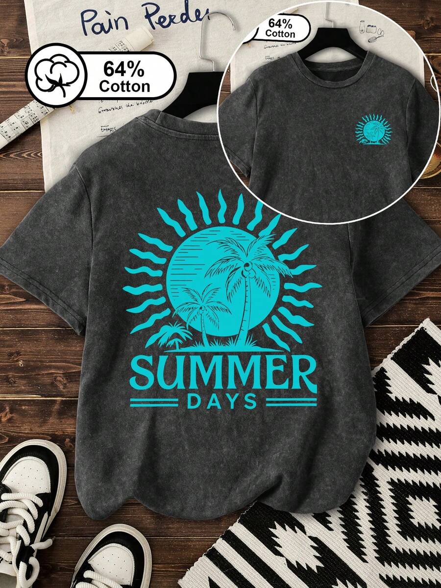 Plus-Size Women's Vintage Washed Snowflake T-Shirt, Summer Double-Sided ...