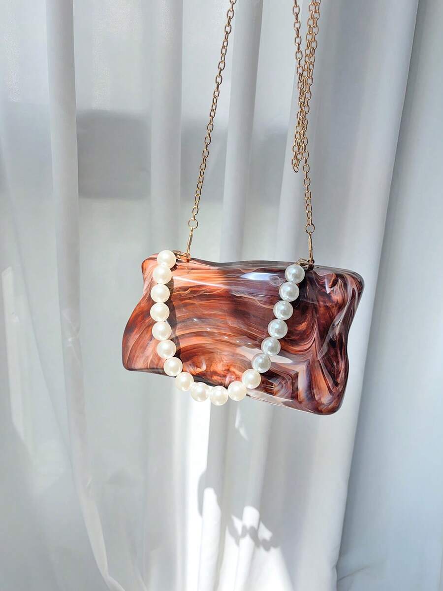 1pc Marble Pattern Horizontal Metal Chain Pearl Clutch Bag ...