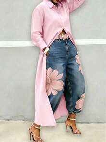 Women's Pink Casual Solid Color Long Sleeve Summer Long Shirt Dress ...